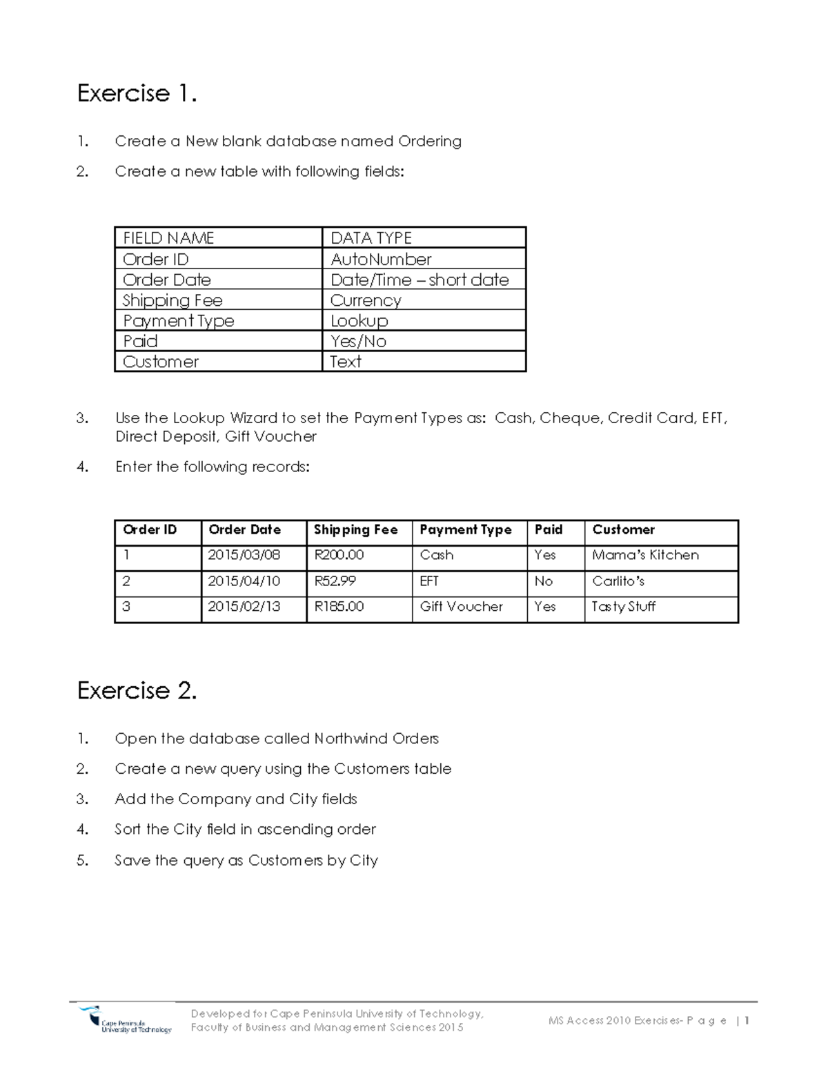 Exercise Guide - MS Access 2010 - Create a New blank database named ...