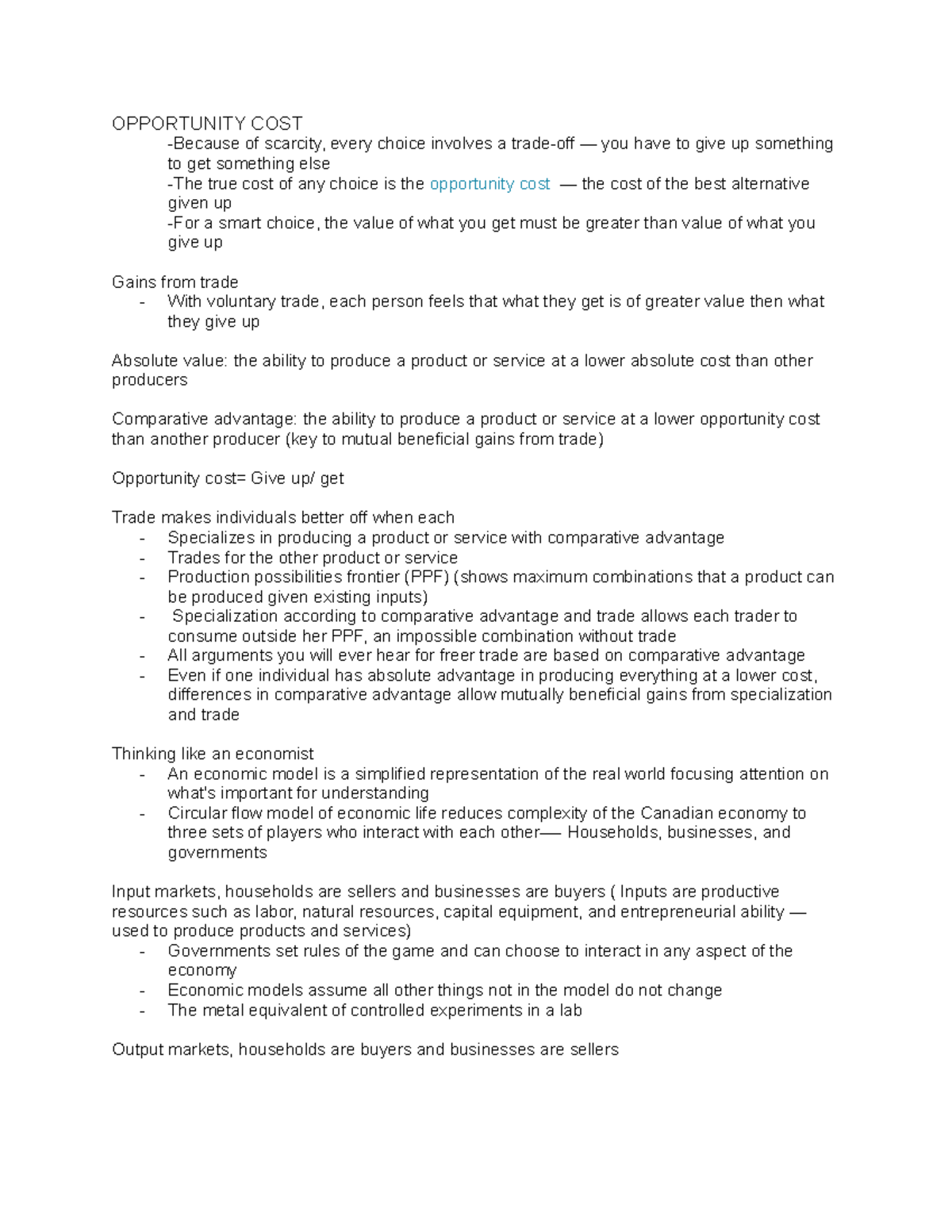 Economics midterm 1 review - OPPORTUNITY COST -Because of scarcity ...