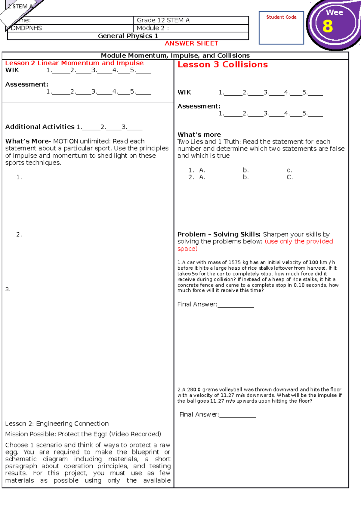 Answer-Sheet-1ST-Quarter-General-Physics-1 Week 8- Name: Grade 12 STEM ...