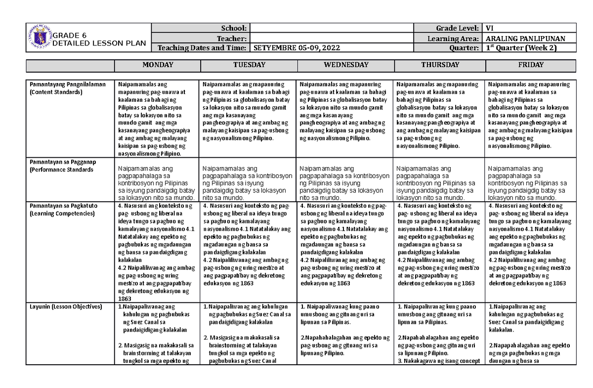 DLL Araling Panlipunan 6 Q1 W2 GRADE 6 DETAILED LESSON PLAN School 