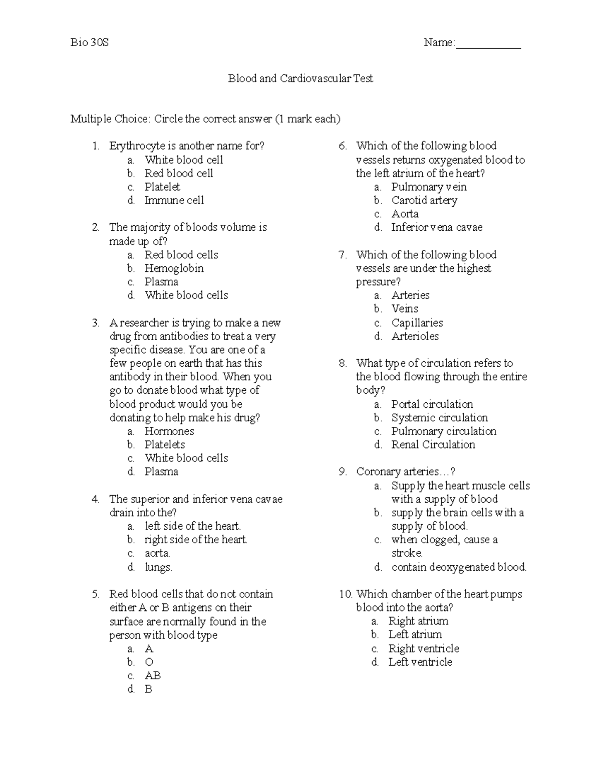 Cardiovascualr Unit Test - Blood and Cardiovascular Test Multiple ...