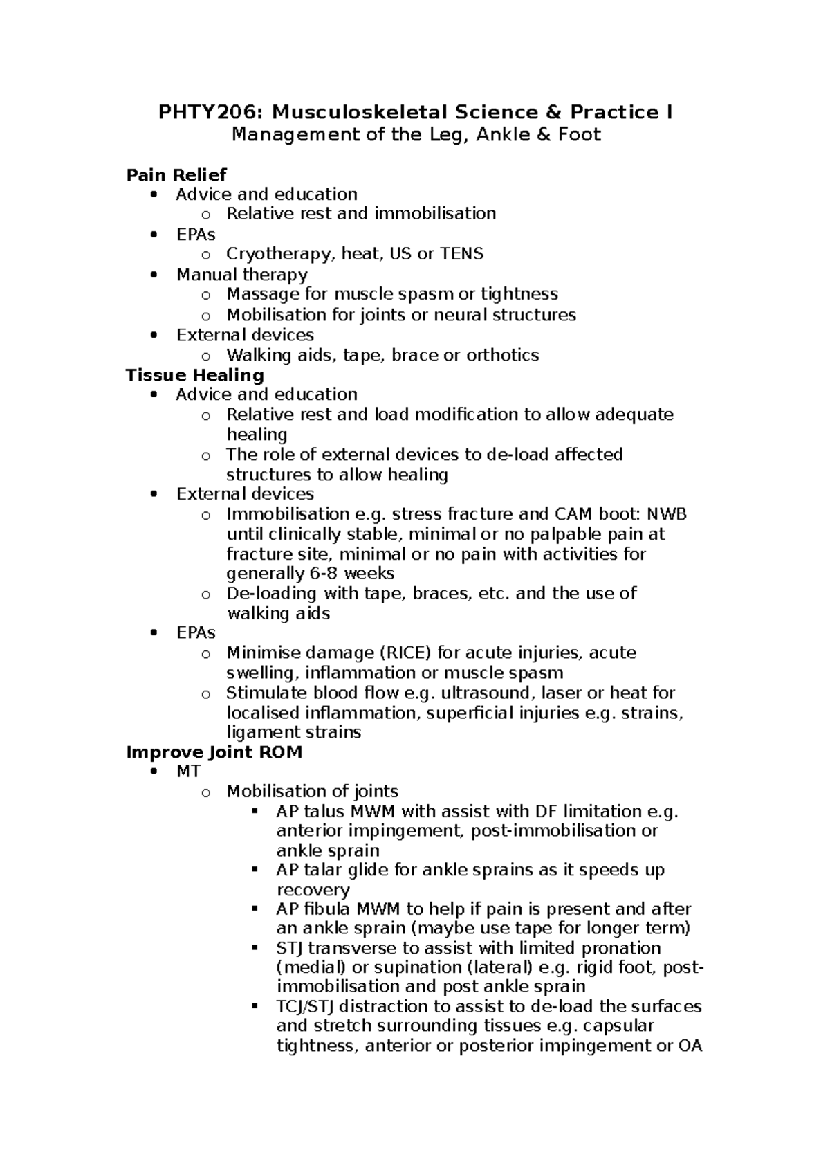 Management of the Leg, Ankle & Foot - PHTY206: Musculoskeletal Science ...
