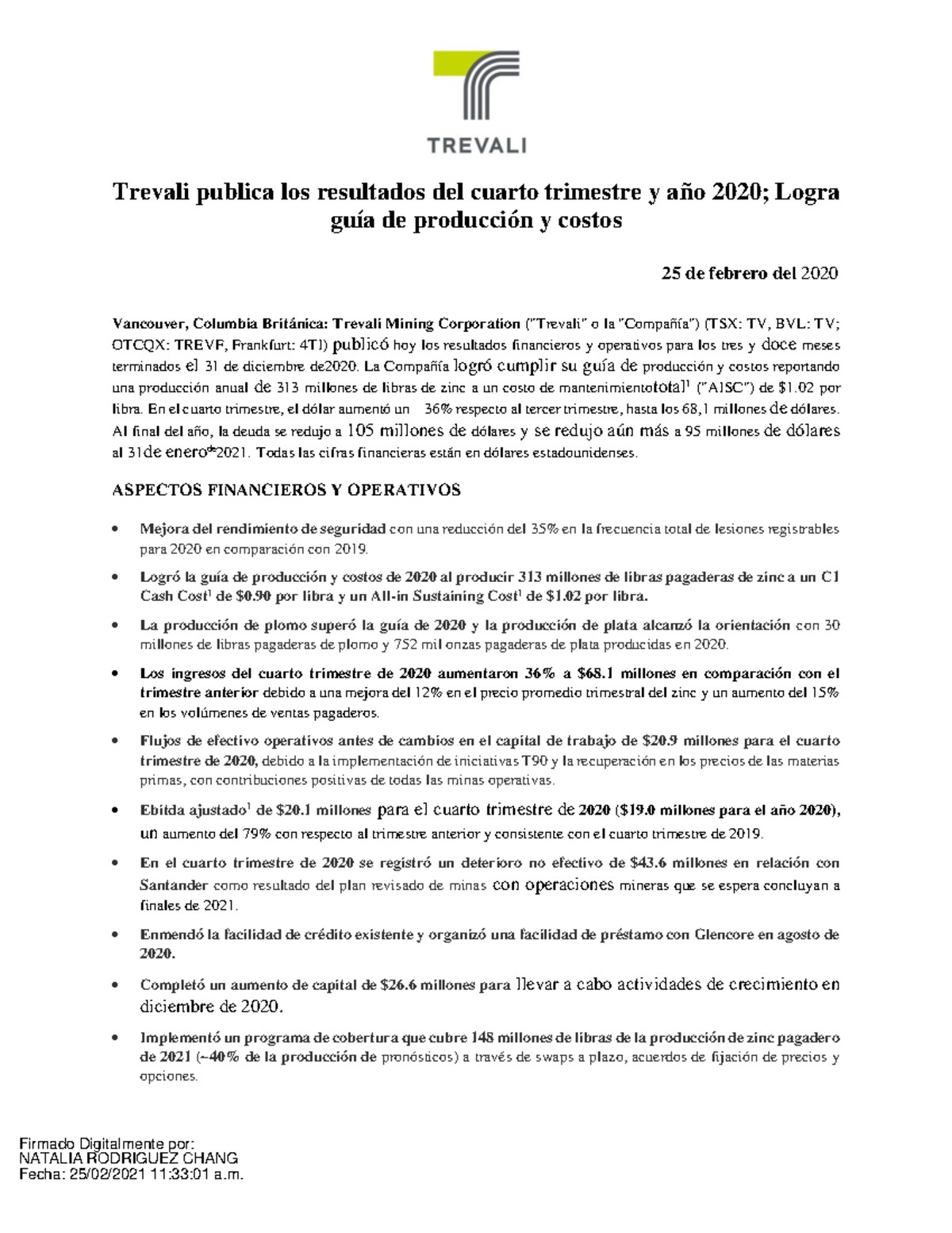 Treavli memoria 2020 - economia - Trevali publica los resultados del ...