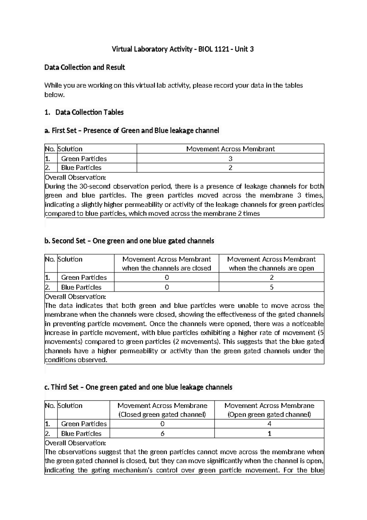 Experiment 2 - Data Collection and Result - Virtual Laboratory Activity - BIOL 1121 - Unit 3 ...