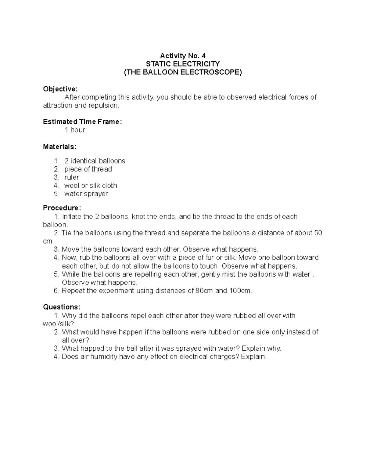 Activity No 1 Static Electricity - Activity No. 4 STATIC ELECTRICITY ...