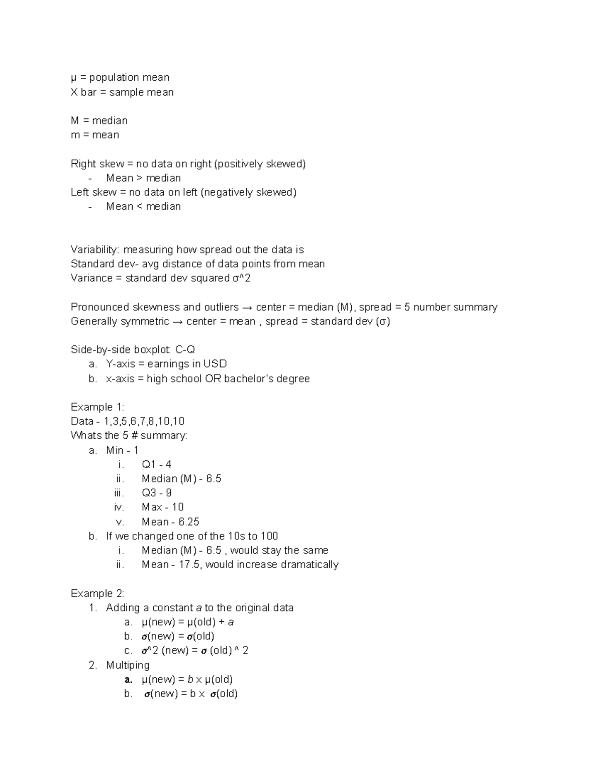 Stat Quiz 2 Review μ Population Mean X Bar Sample Mean M Median M Mean Right Skew No