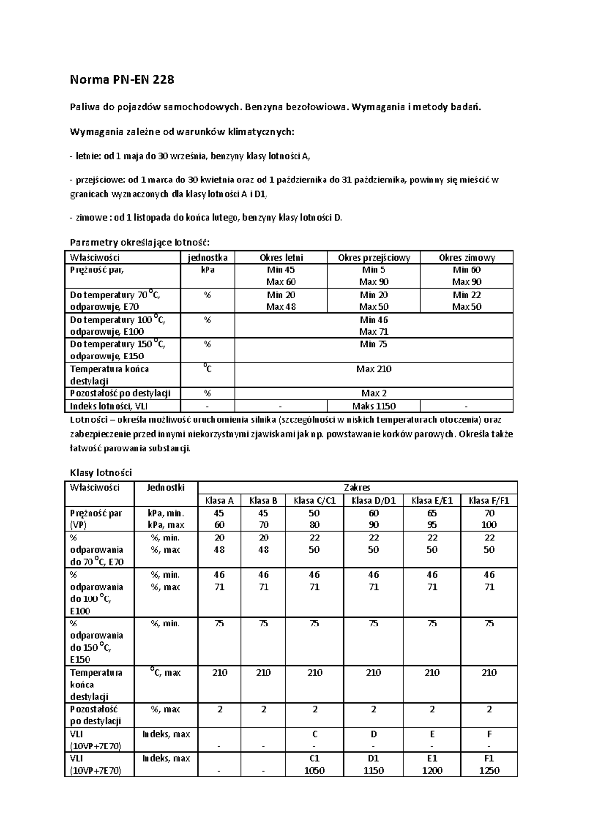 To na pierwssze cwiczenia z ple - Norma PN-EN 228 Paliwa do pojazdów ...