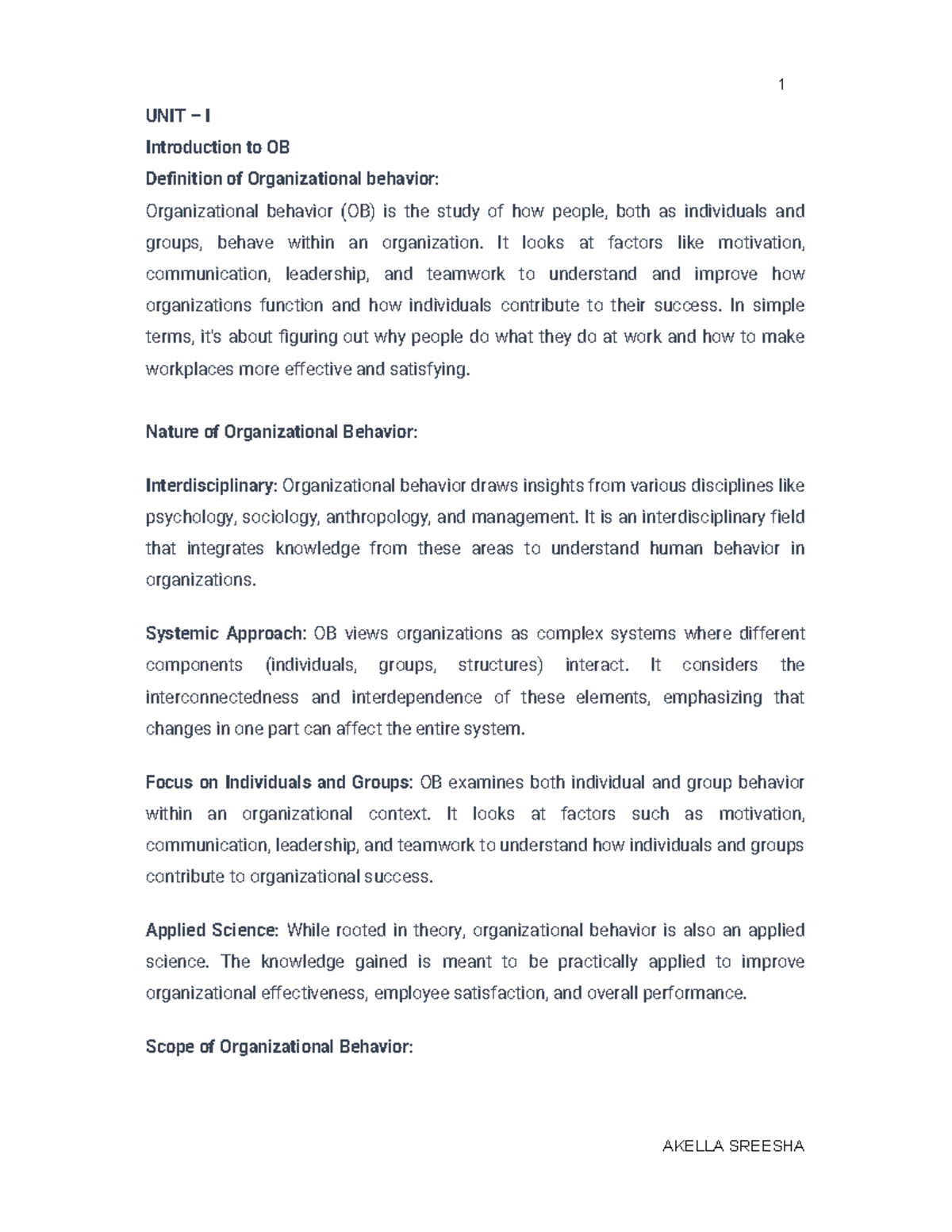 OB unit 1 - faculty lecture notes - UNIT – I Introduction to OB ...