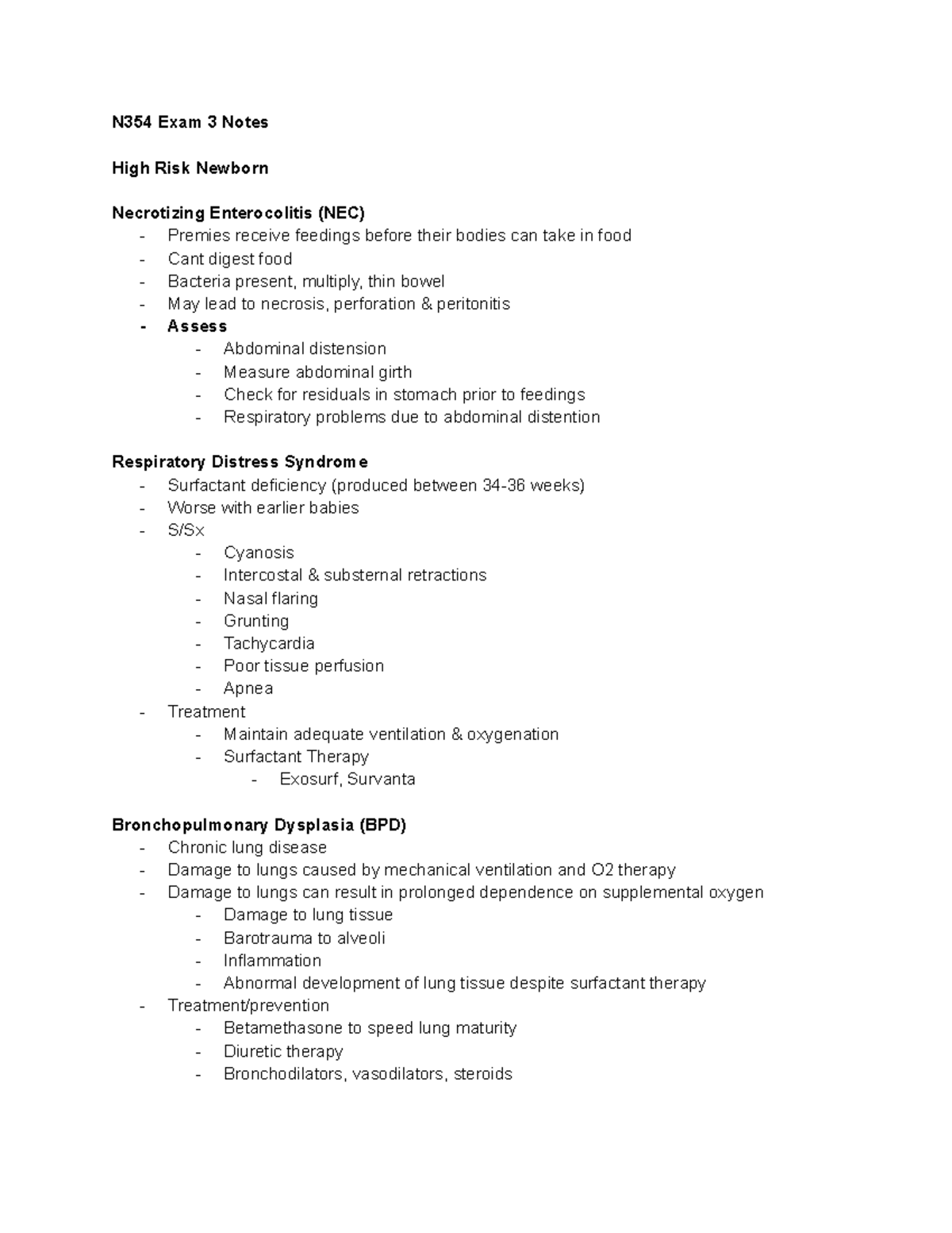 N354 Exam 3 Notes - N354 Exam 3 Notes High Risk Newborn Necrotizing ...