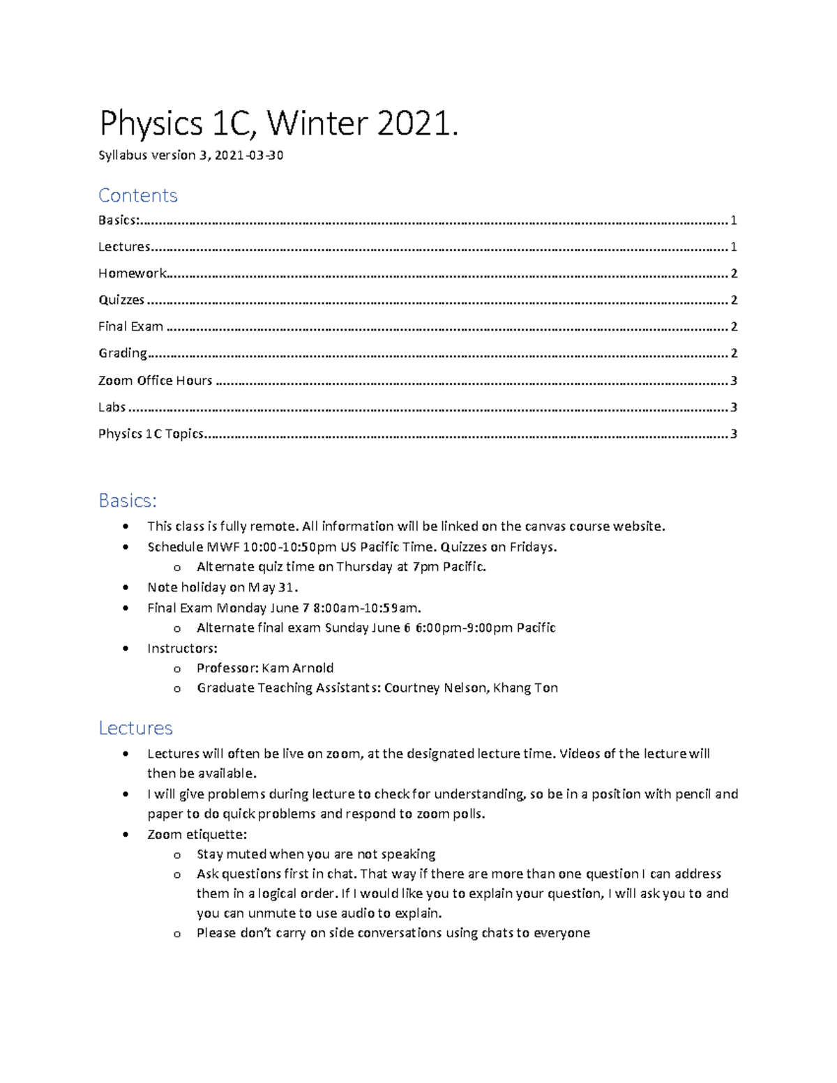 UCSD PHYS1C Spring 2021 Syllabus Prof. Arnold - Physics 1C, Winter 2021 ...