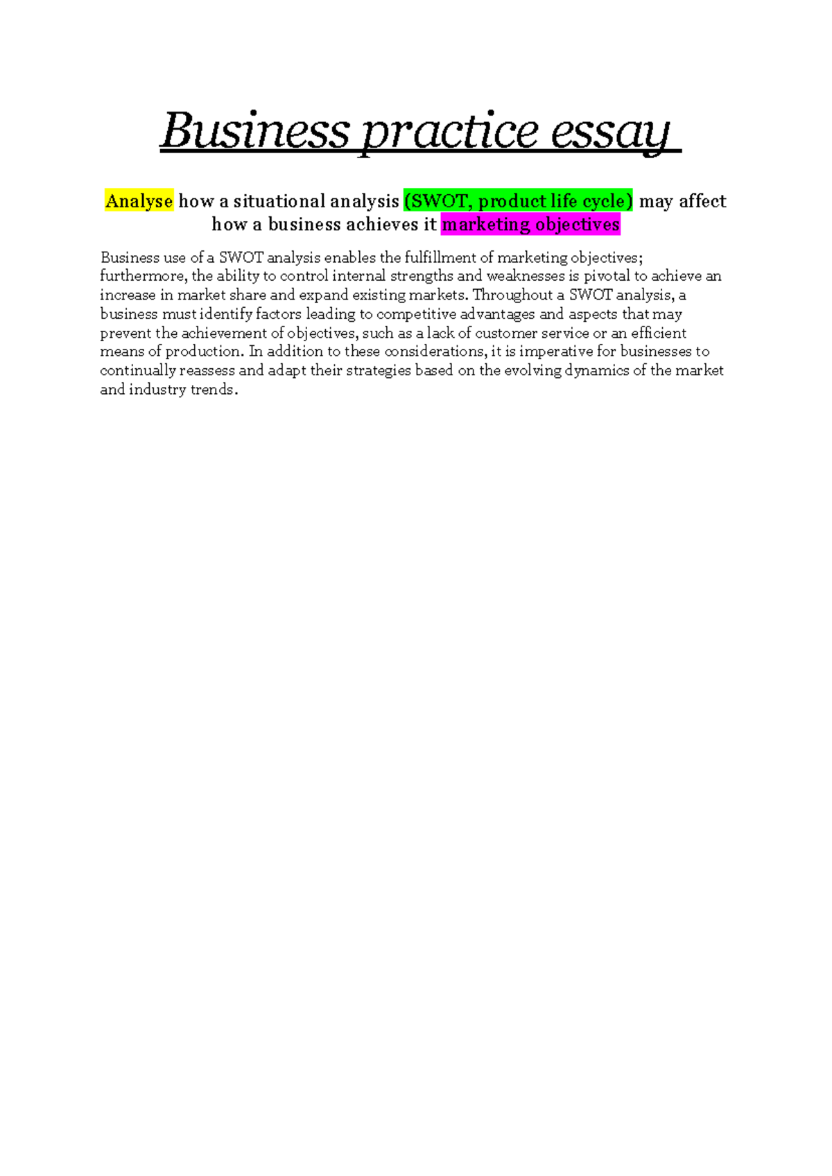 Business practice essay 15 - Business practice essay Analyse how a ...