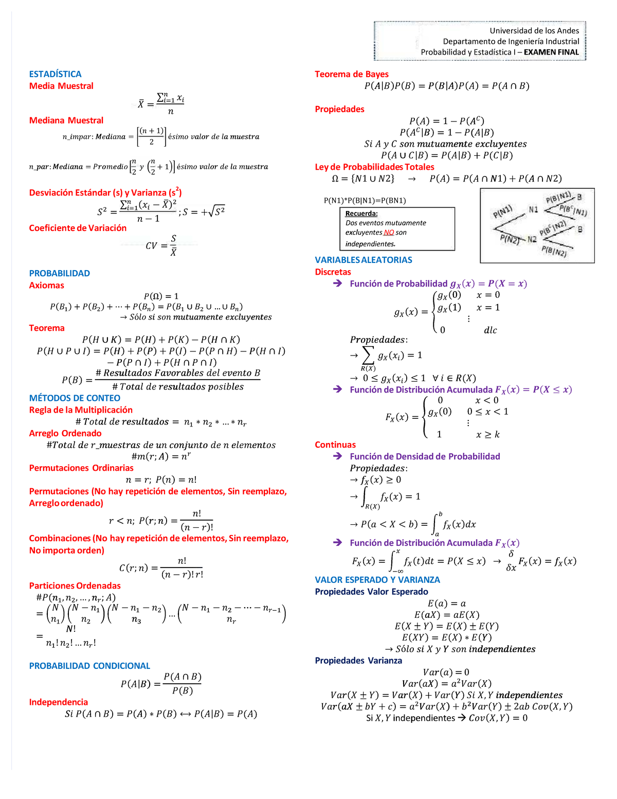 Pdf-hoja-formulas-probabilidad-y-estadistica compress - Universidad de los AndesUniversidad de ...