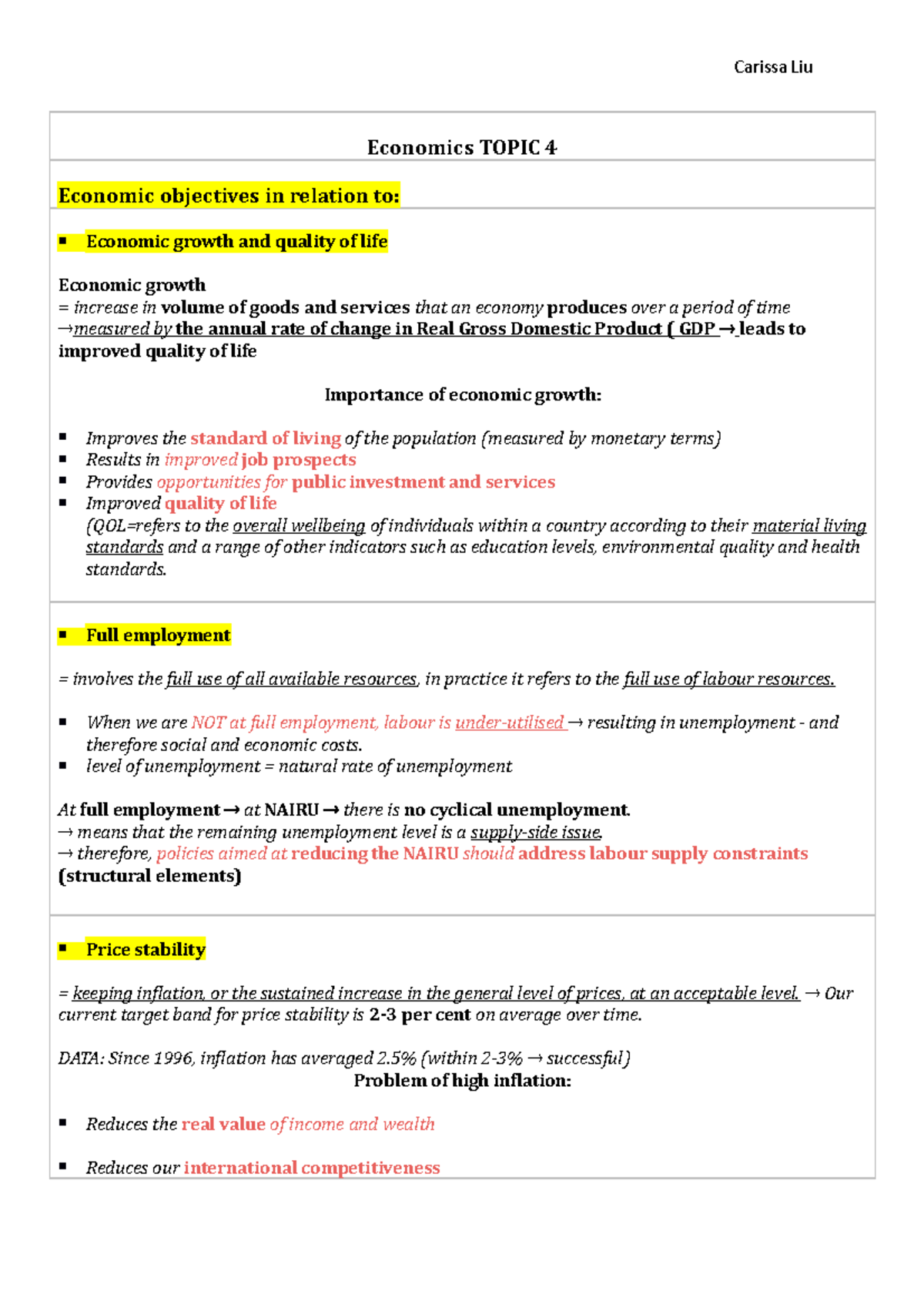 Topic 4 Economic notes - Economics TOPIC 4 Economic objectives in ...