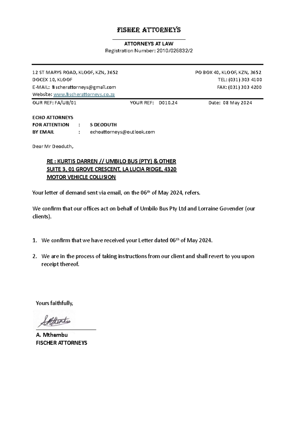 Response to Letter of demand dated 06 May 2024 Darren Umbilo Bus and ...