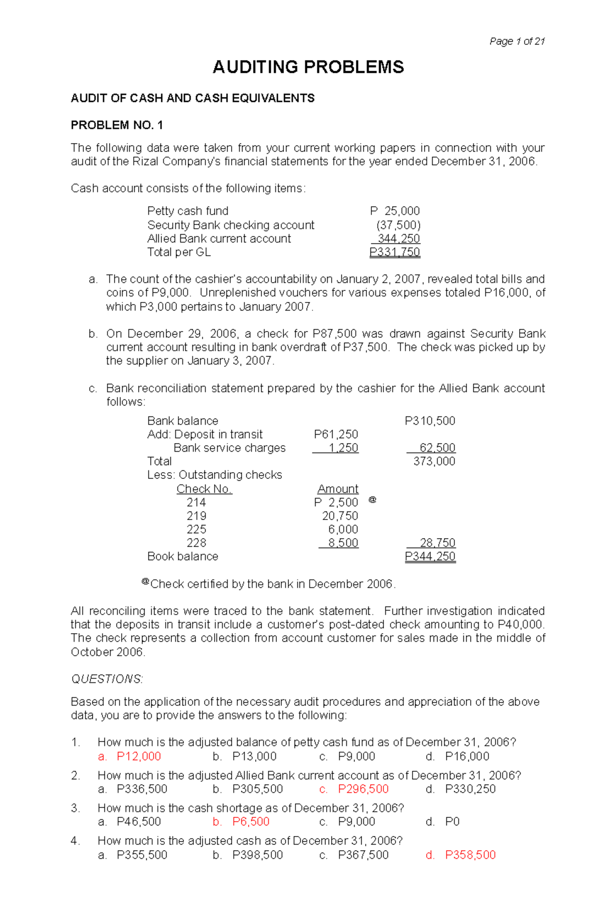Cash and Cash Equivalents- Testbanks & Practice Materials - AUDITING ...