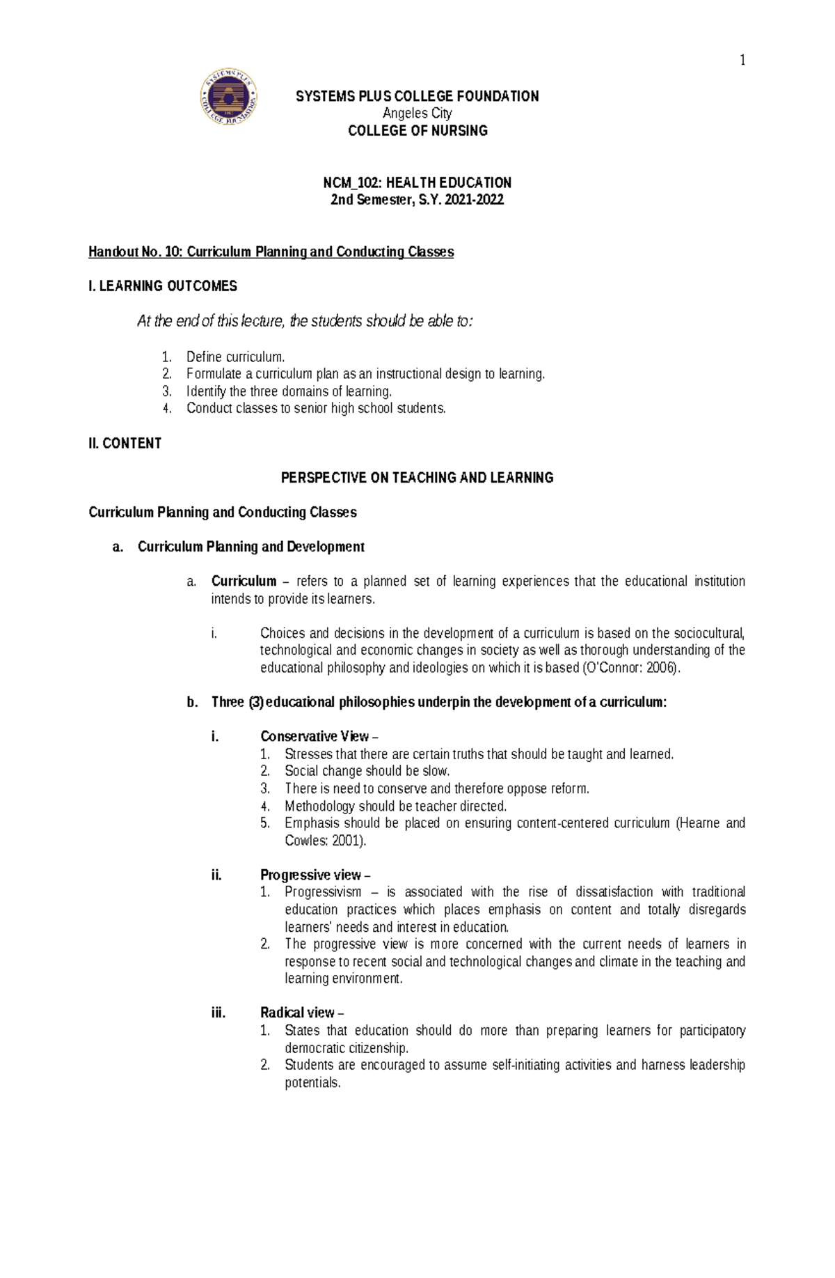 Health Educ Handout 10 - SYSTEMS PLUS COLLEGE FOUNDATION Angeles City ...