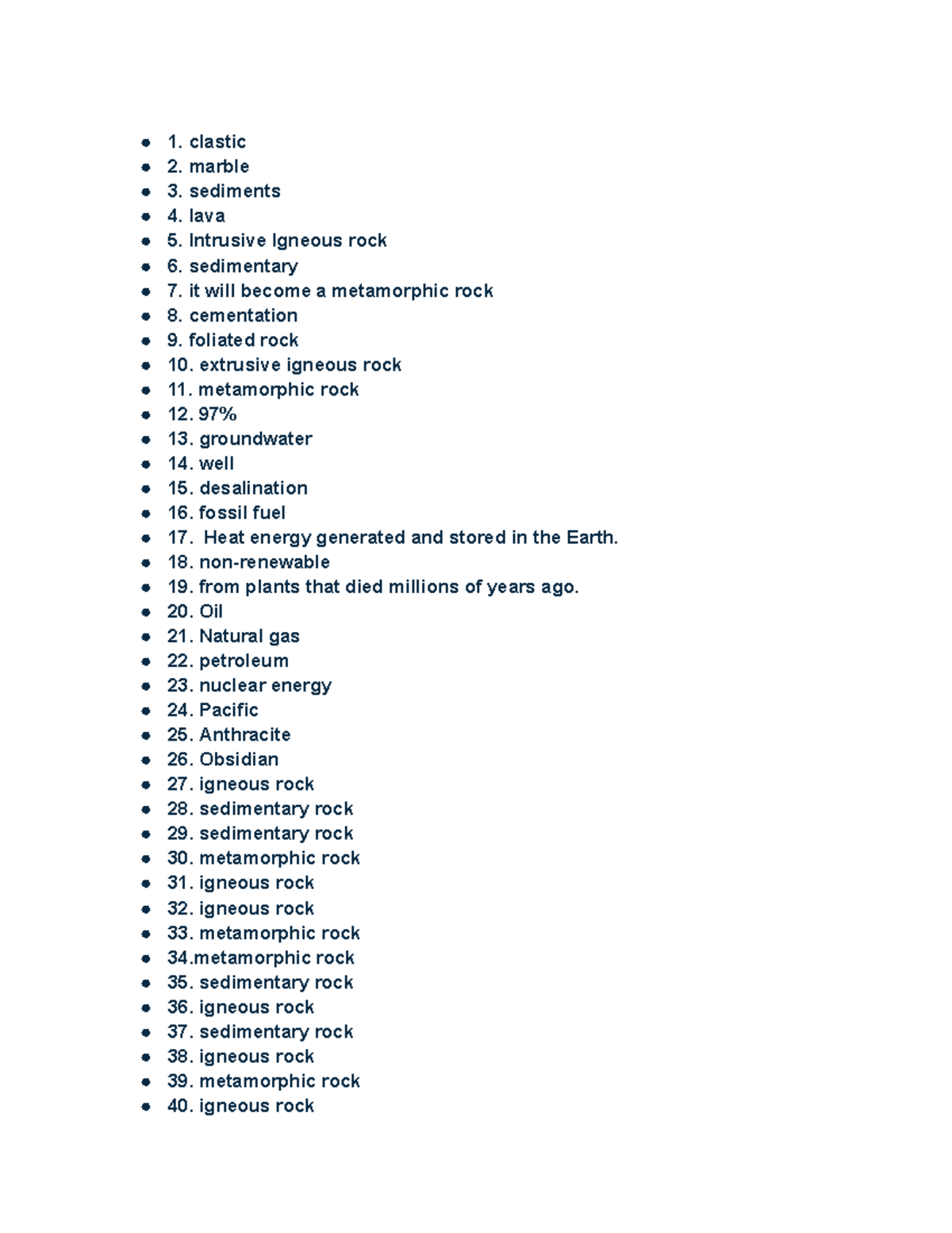 Untitled document - Answerkey - 1. clastic 2. marble 3. sediments 4 ...