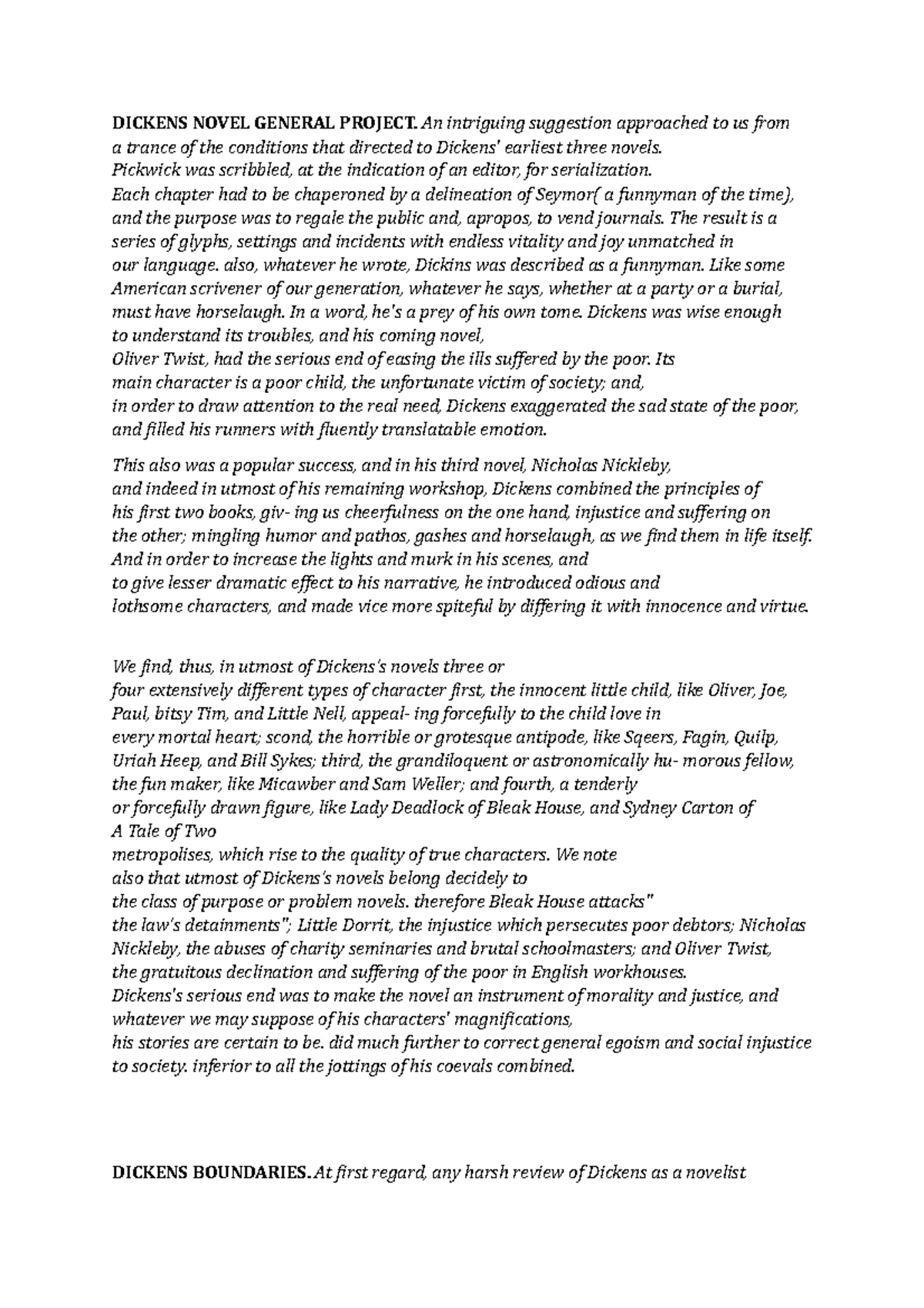 English Literature 69 - DICKENS NOVEL GENERAL PROJECT. An intriguing ...
