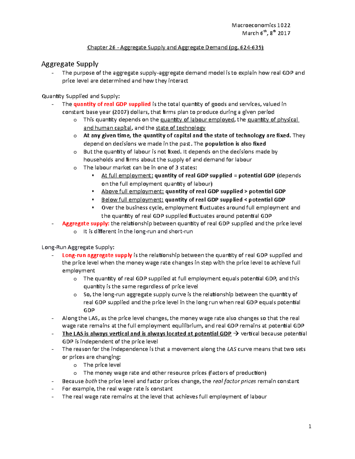 Chapter 26 Aggregate Supply and Aggregate Demand - March 6th, 8th 2017 ...