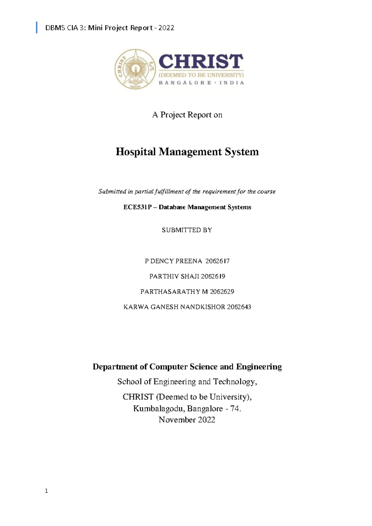 CIA 3 DBMS MINI Project HMS - A Project Report on Hospital Management ...