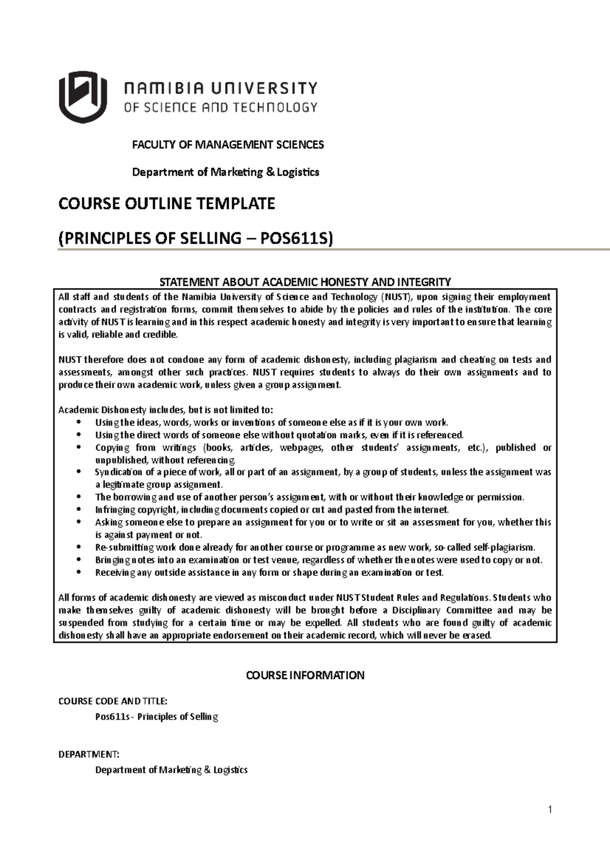 Principles of Selling (POS611S) NUST Approved Course Outline Template ...