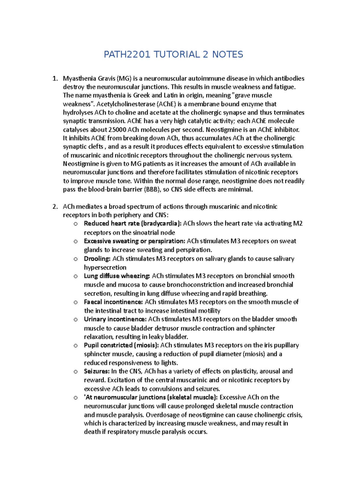 PATH2201 Tutorial 2 Notes - PATH2201 TUTORIAL 2 NOTES Myasthenia Gravis ...