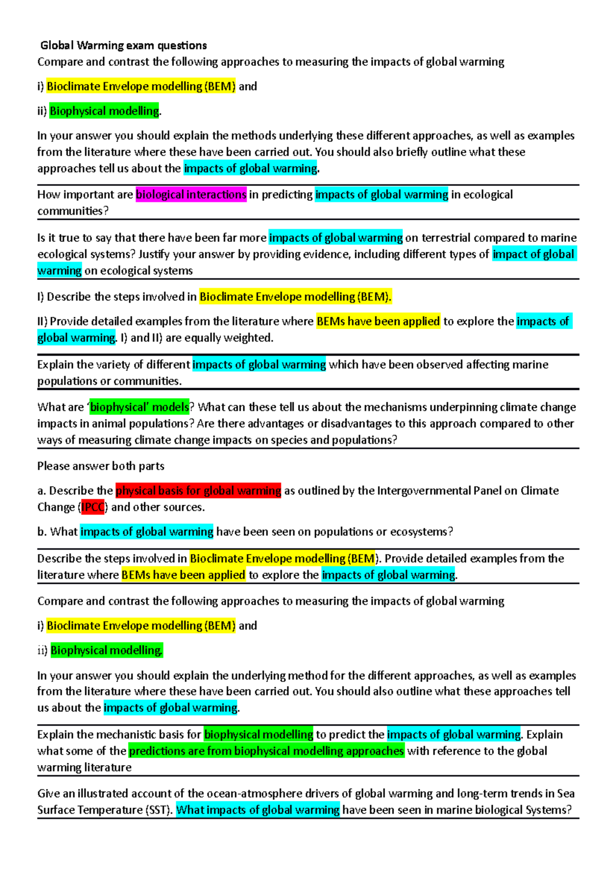 AMP exam questions - Global Warming exam questions Compare and contrast ...