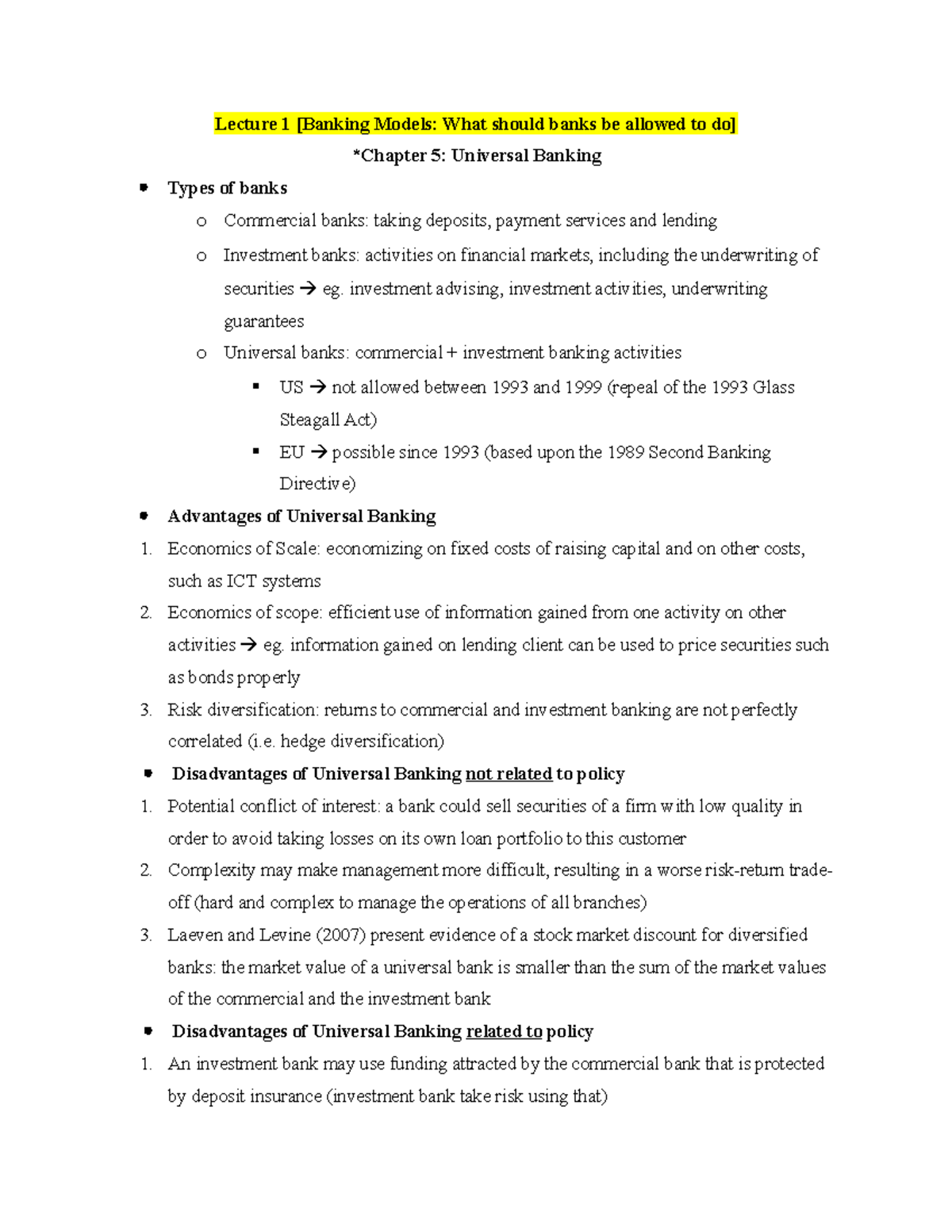 Notes - Lecture 1 [Banking Models: What should banks be allowed to do ...