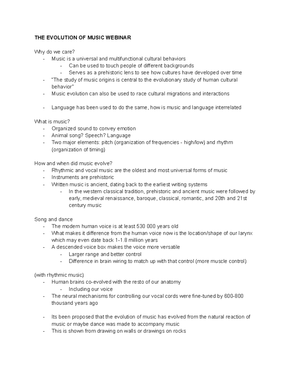 Music 2MT3 - Week 2 notes - THE EVOLUTION OF MUSIC WEBINAR Why do we ...