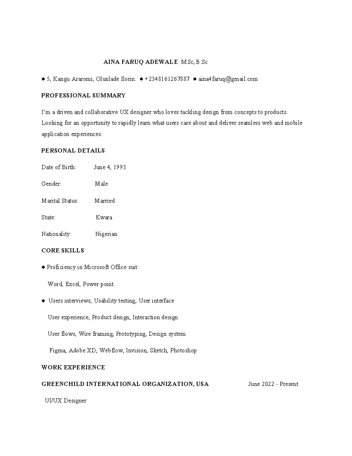 11zon AINA Faruq Adewale CV TECH - AINA FARUQ ADEWALE M, B 5, Kangu Araromi, Olunlade Ilorin ...