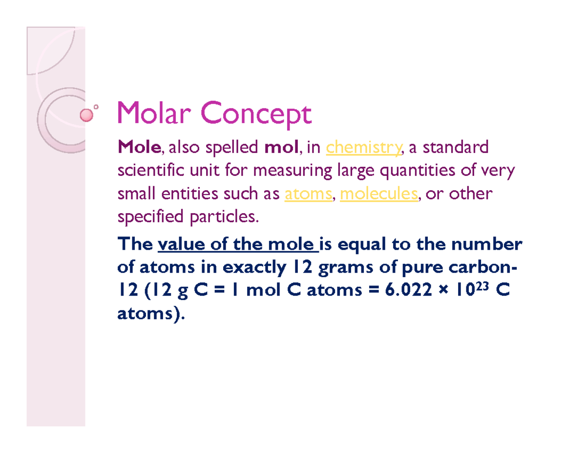 Mole - It about mole - Molar ConceptMolar Concept ####### Mole, also ...