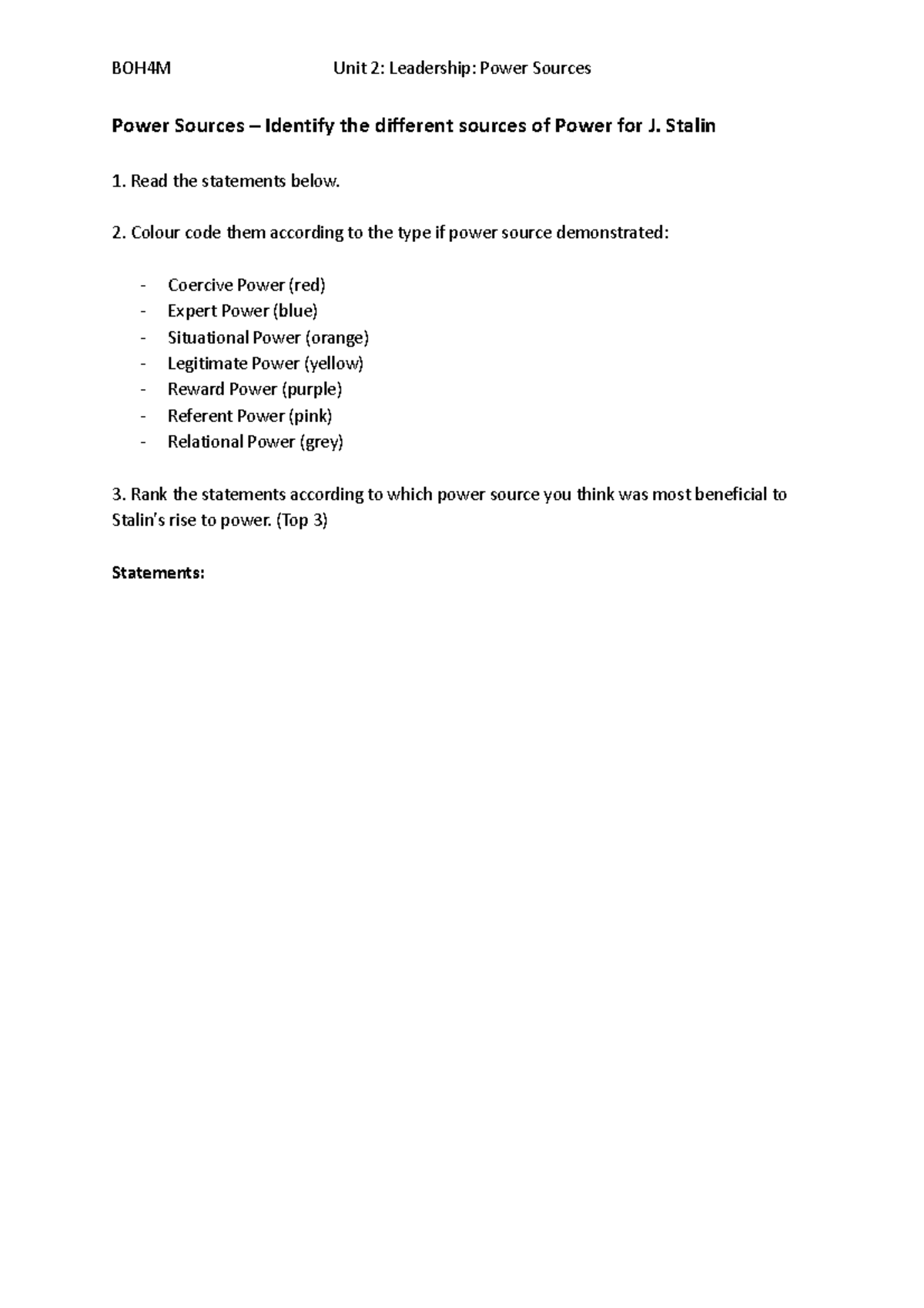 Uses of Power Worksheet - BOH4M Unit 2: Leadership: Power Sources Power ...