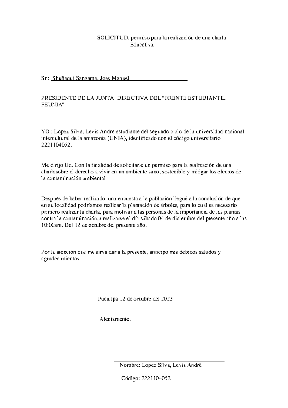 Oficio- Solicitud DE Charla - SOLICITUD: permiso para la realización de ...