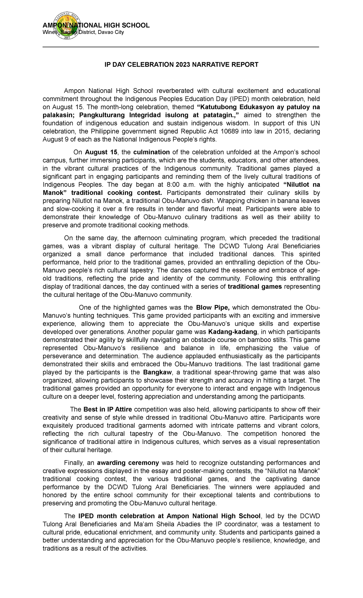 IPED-Narrative-Report - AMPON NATIONAL HIGH SCHOOL Wines, Baguio ...