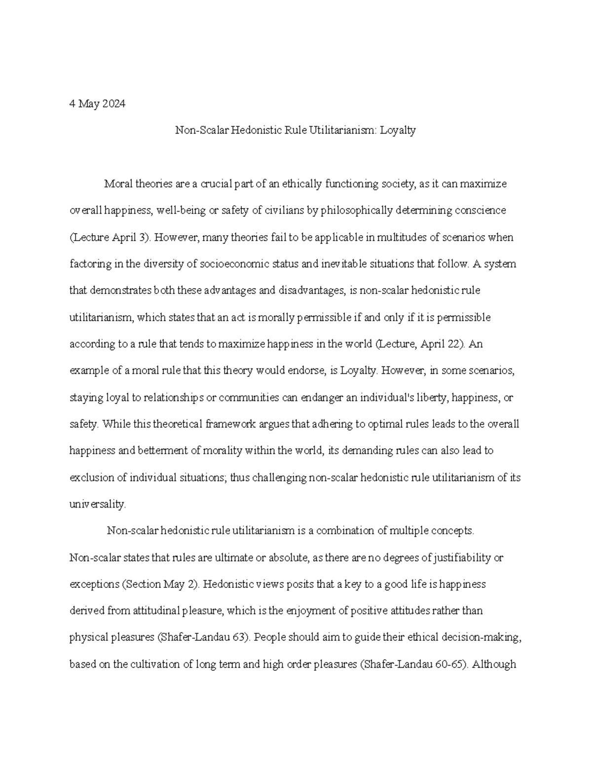 Phil 4 mid essay - 4 May 2024 Non-Scalar Hedonistic Rule Utilitarianism ...