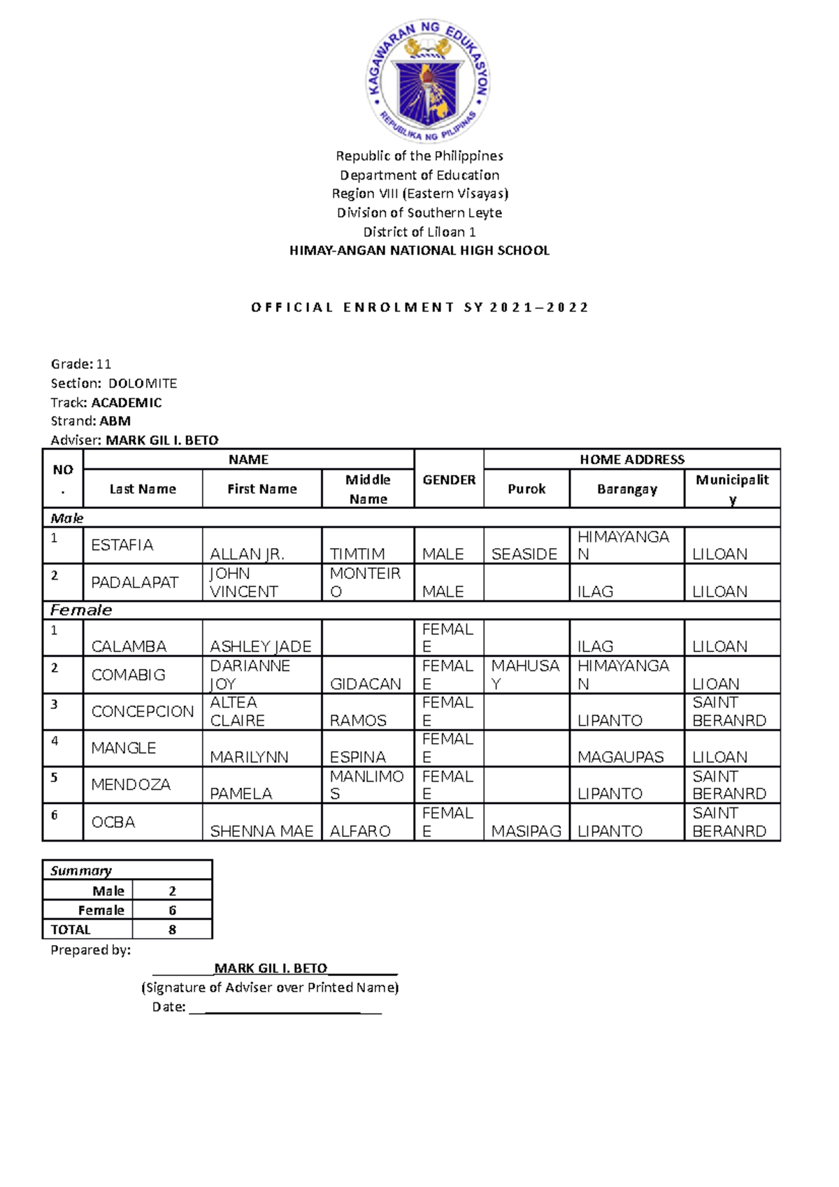 Dolomite ABM - list of abm students - Republic of the Philippines ...