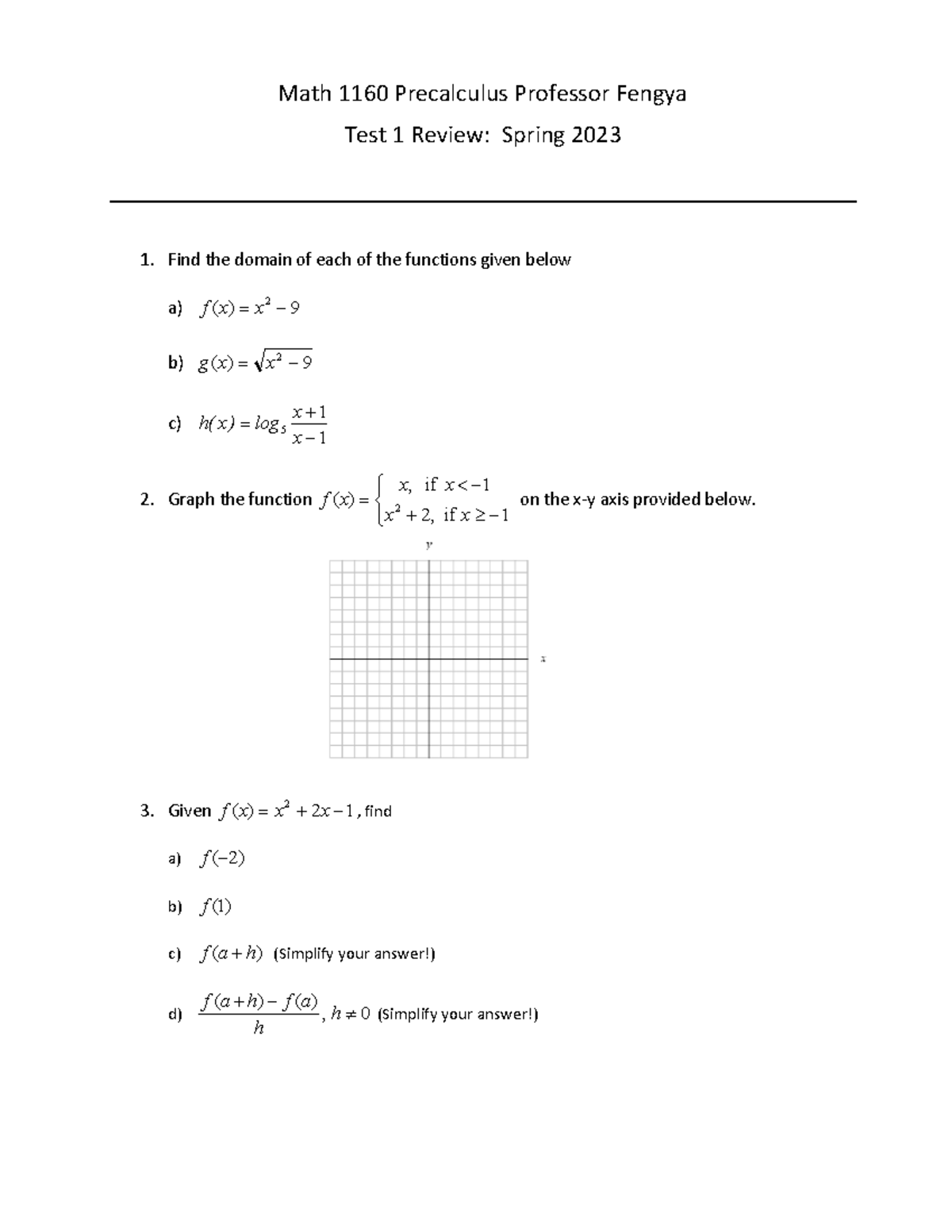 Math 1160 Precalculus Test Review 1 - Math 1160 Precalculus Professor ...