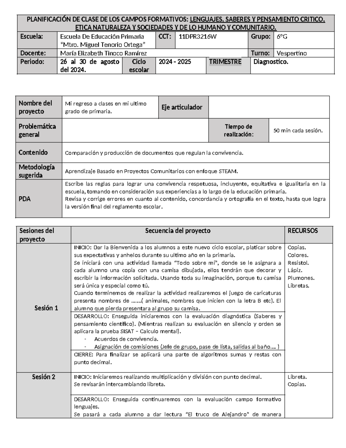 Planificación 1 - PLANIFICACION - Nombre del proyecto Mi regreso a ...