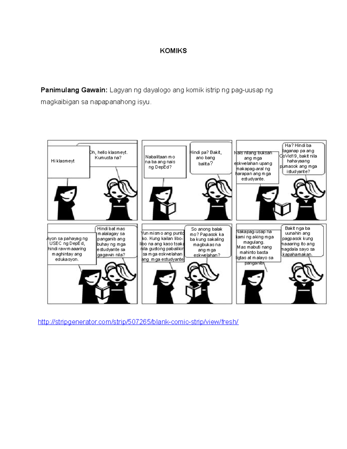 Komiks - Filipinolohiya Assignments and Activities - KOMIKS Panimulang ...