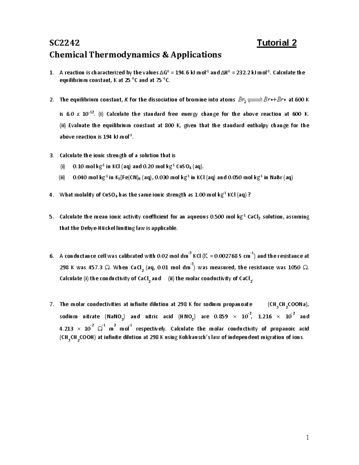 Tutorial 2 on Ions in solution - 1 SC2242 Tutorial 2 Chemical Thermodynamics & Applications A ...