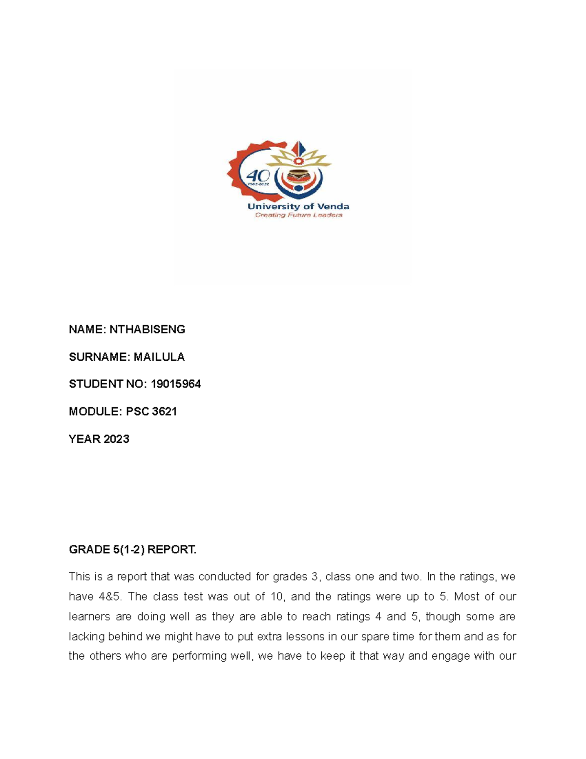 An example of how to use excel to create school reports for grade 5 ...