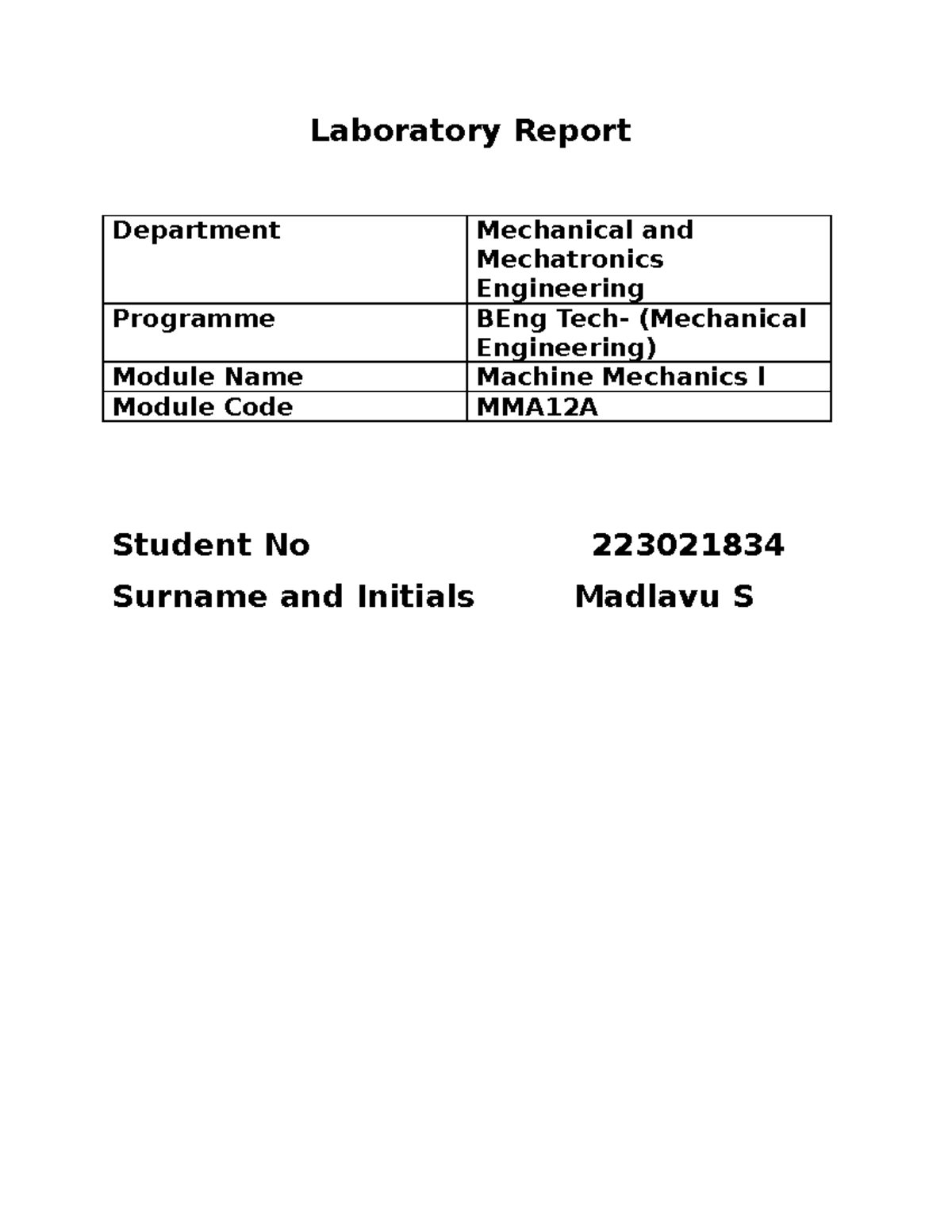 Belt Friction Lab Report - Laboratory Report Department Mechanical and ...