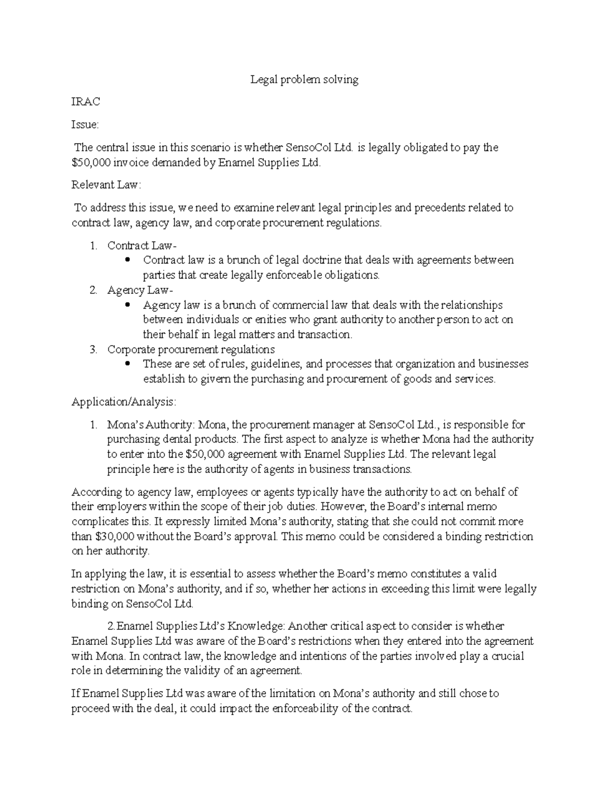 BSL165 templete and solution - Legal problem solving IRAC Issue: The central issue in this ...