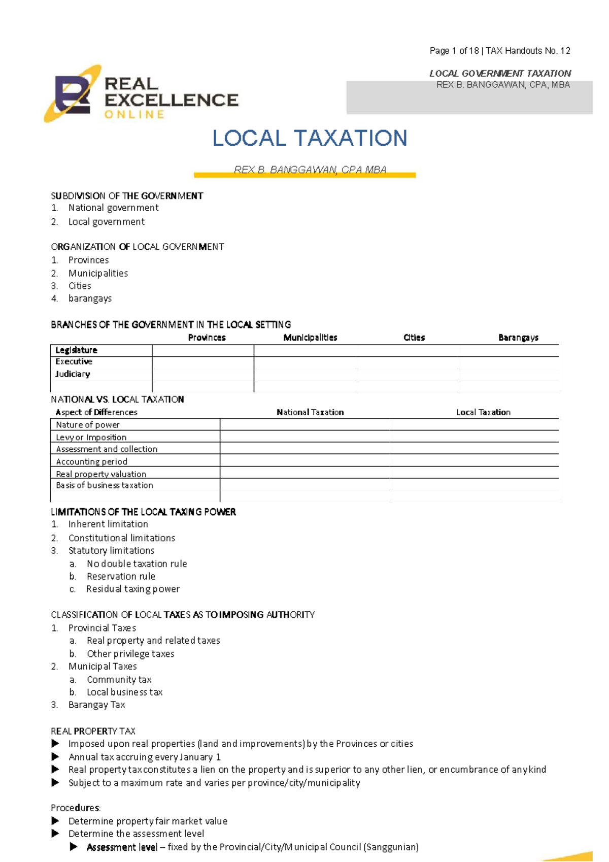 Local taxation REO - Page 1 of 18 | TAX Handouts No. 12 LOCAL ...