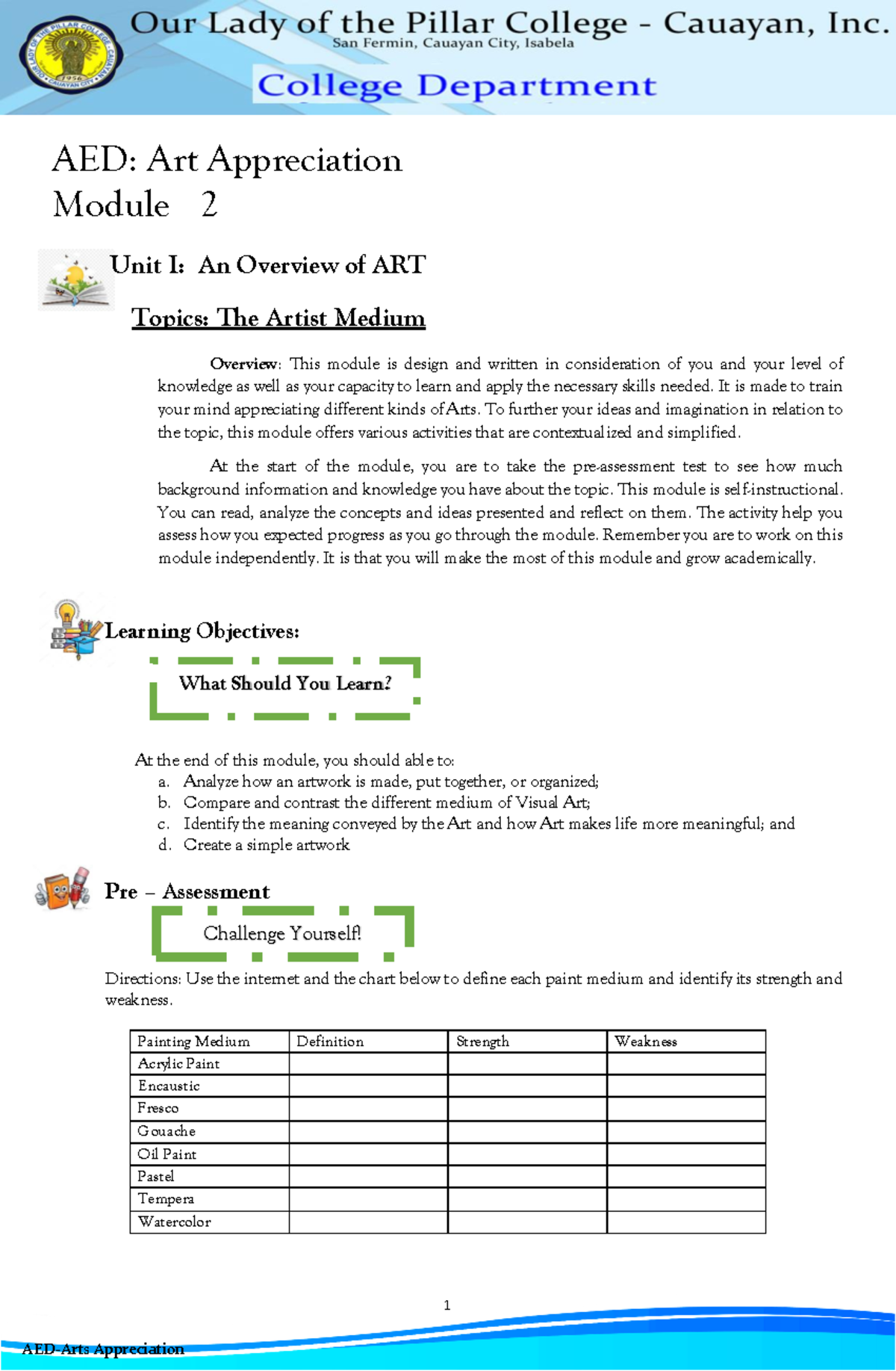 AED-Module-2 - dasdf - 1 AED: Art Appreciation Module 2 Unit I: An ...