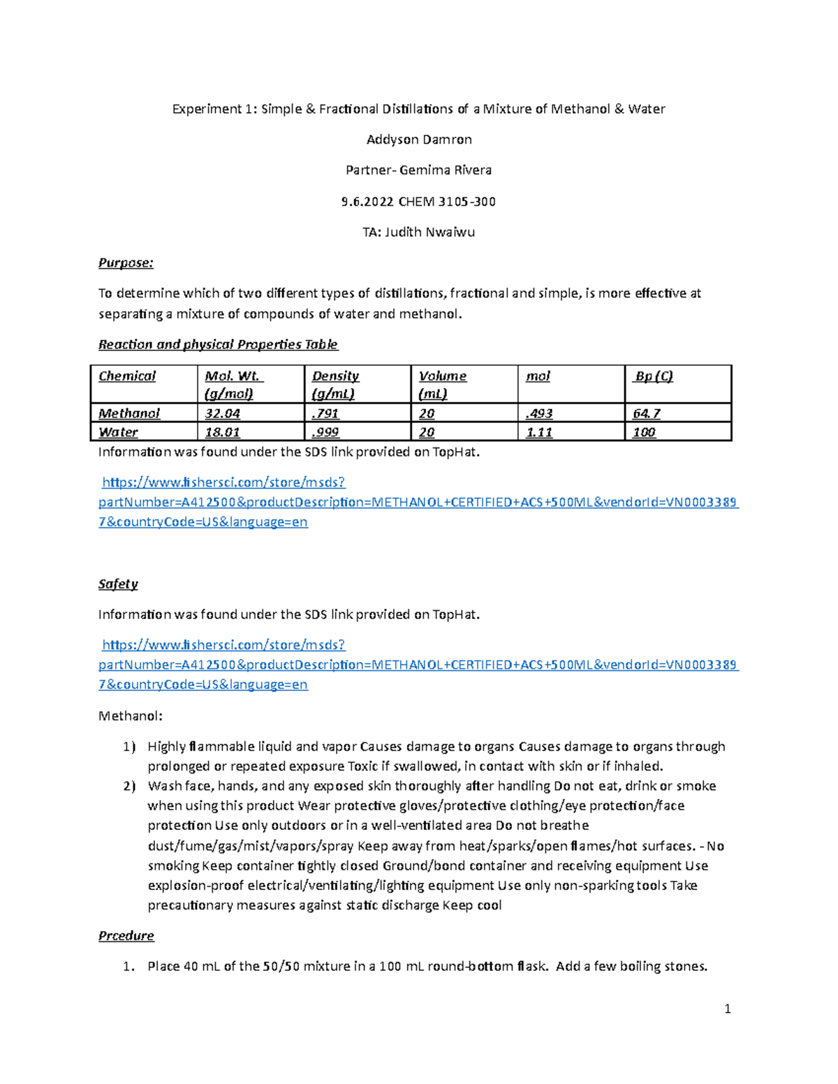 Lab 1 - Lab write up - Experiment 1: Simple & Fractional Distillations ...