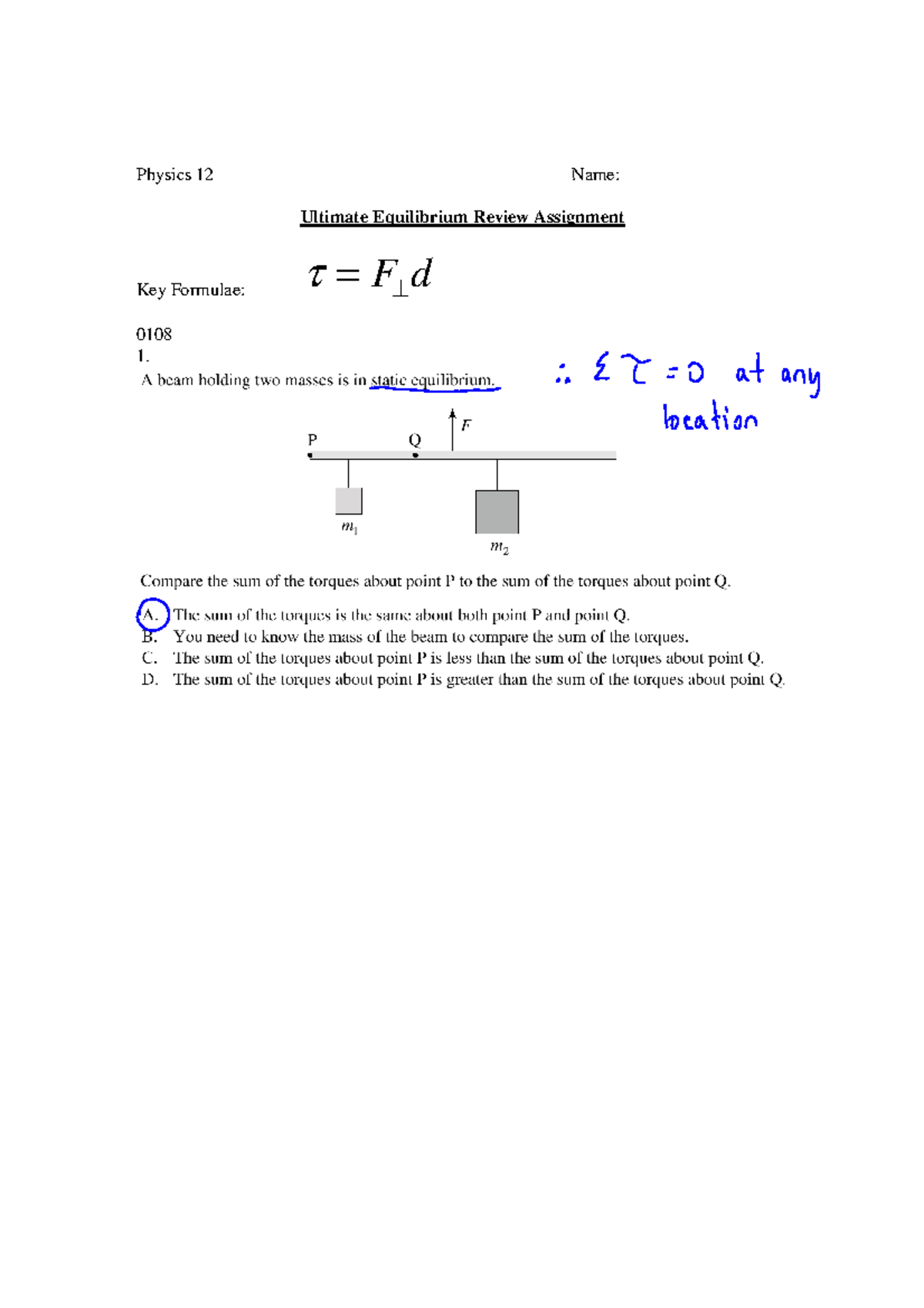 Ultimate Equilibrium Review Answers - Physics 12 Name: Ultimate ...