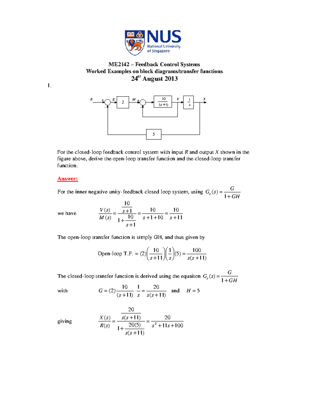 3Worked examples block diagrams transfer functions - ME2142 – Feedback ...