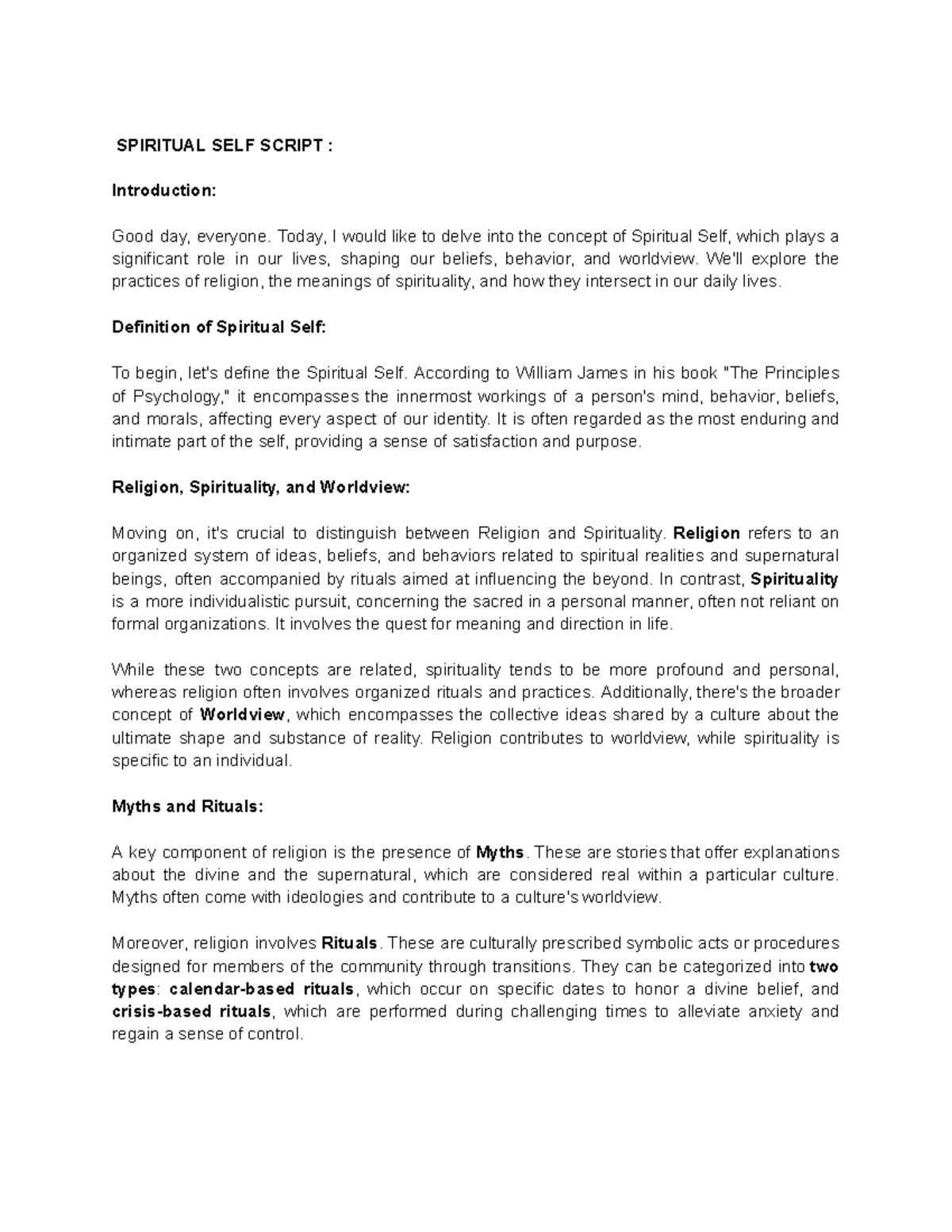 UTS- Spiritual Self-2 - SPIRITUAL SELF SCRIPT : Introduction: Good day ...