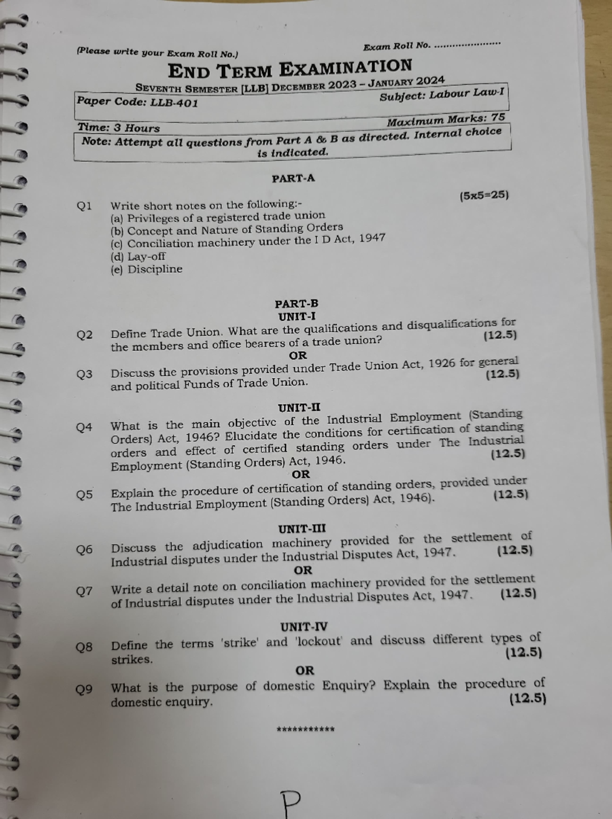 Labour Law pyq - (Please write your Exam Roll No.) Exam Roll No. END TERM EXAMINATION SEVENTH ...